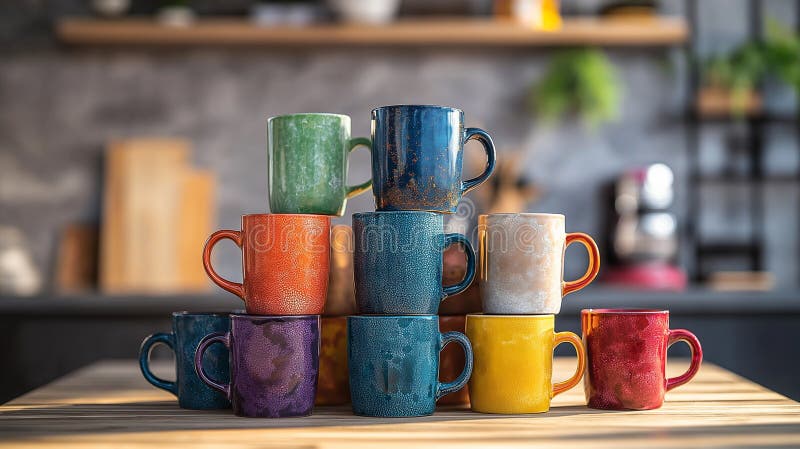 Set of Vibrant Ceramic Coffee Mugs, Stacked in a Pyramid, Displayed on ...