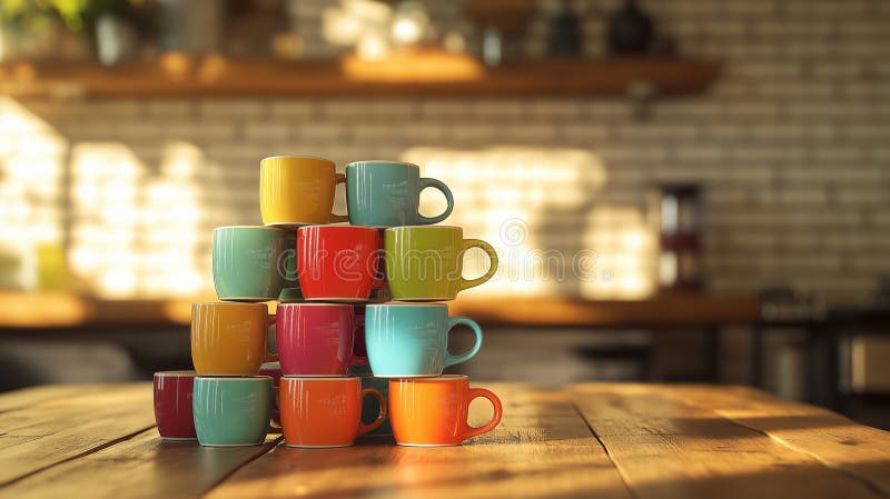 Set of Vibrant Ceramic Coffee Mugs, Stacked in a Pyramid, Displayed on ...