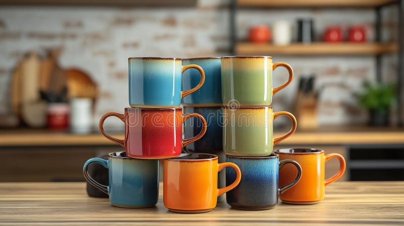 Set of Vibrant Ceramic Coffee Mugs, Stacked in a Pyramid, Displayed on ...