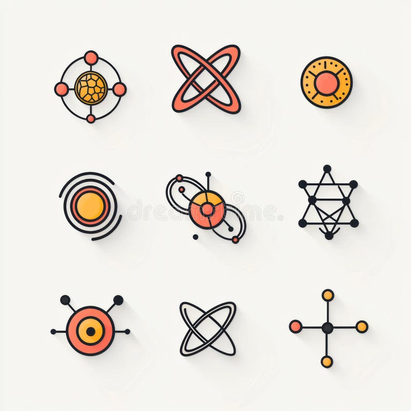 A Set of Vibrant Colored Icons Representing Concepts in Quantum Physics ...