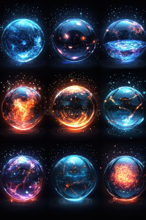 Set of Vibrant Glowing Energy Spheres with Cosmic and Abstract Designs ...