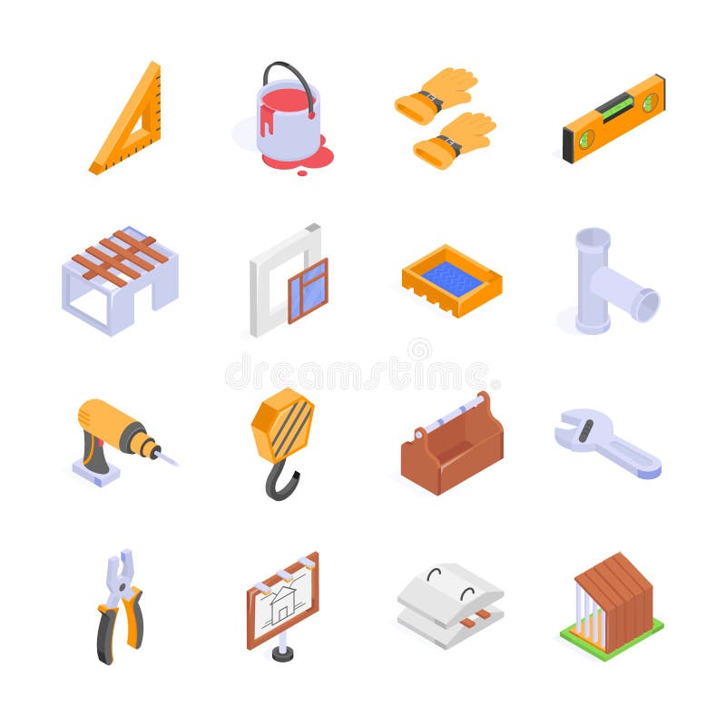 Colorful Isometric Construction Tools and Materials Icons Stock Vector ...