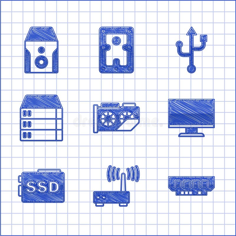 Set Video Graphic Card, Router and Wi-fi Signal, RAM, Random Access Memory, Computer Monitor ...