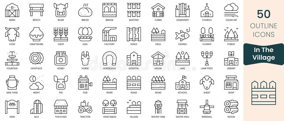 Set of in the Village Icons. Thin Linear Style Icons Pack Stock Vector ...