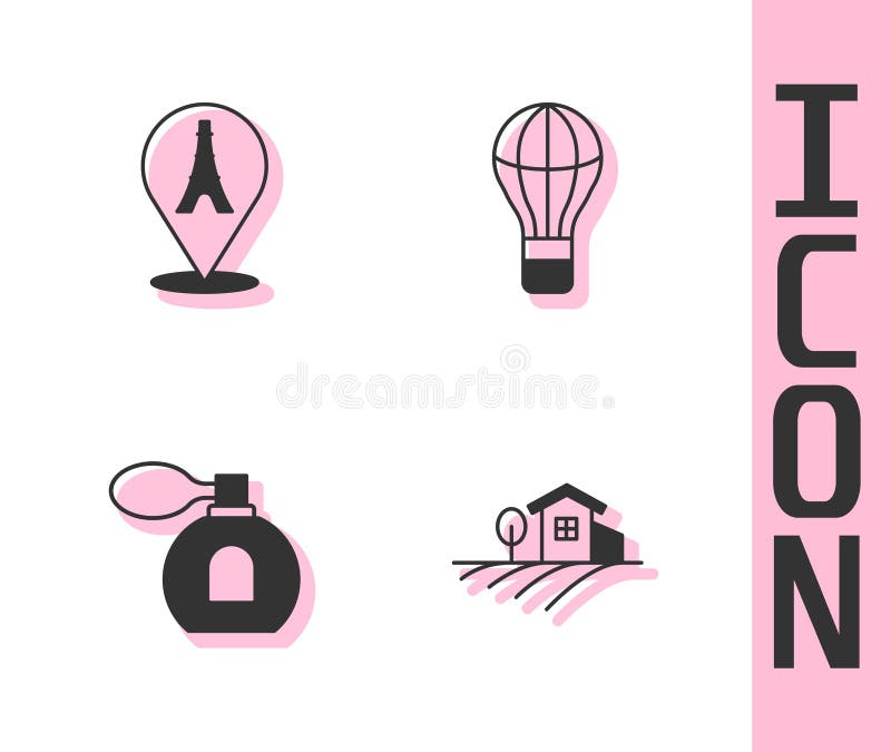 Set Village Landscape, Eiffel Tower, Perfume and Hot Air Balloon Icon ...