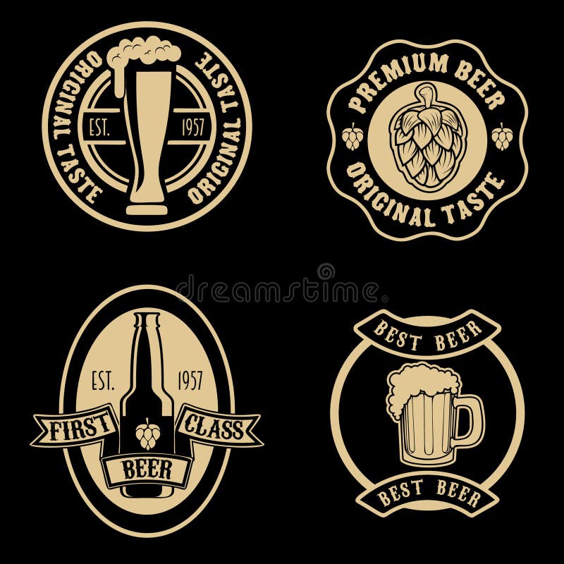 Set of Vintage Beer and Pub Logos, Labels and Emblems with Bottles ...