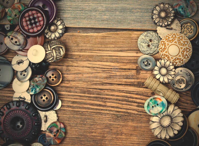 Placer of Vintage Buttons on Aged Boards Stock Image - Image of canvas ...