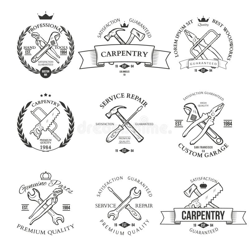 Carpentry Tools. Labels and Design Elements Stock Vector - Illustration ...