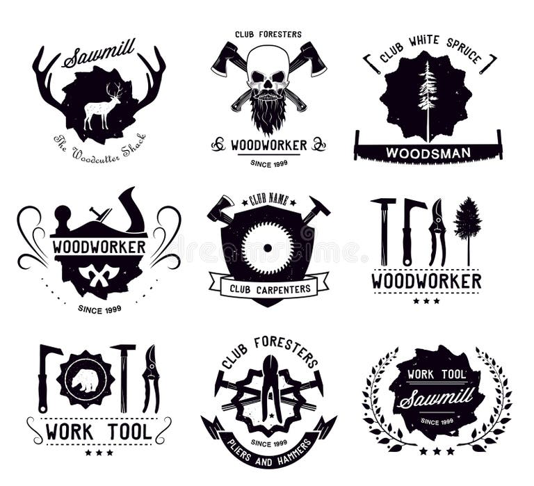 Set of Vintage Carpentry Tools and Foresters. Emblems, Logos and Design ...