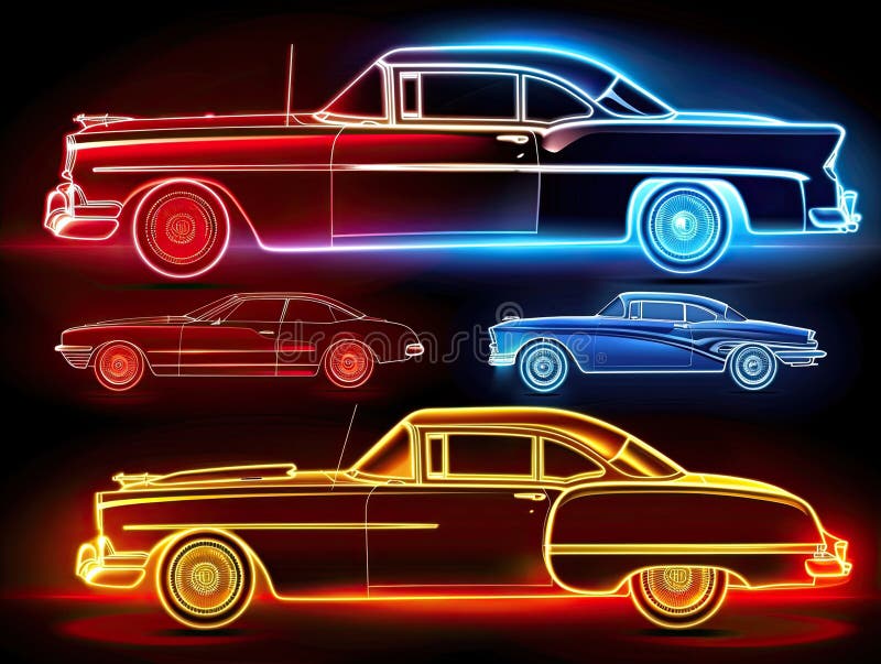 A Set of Vintage Cars with Neon Lights Stock Illustration ...