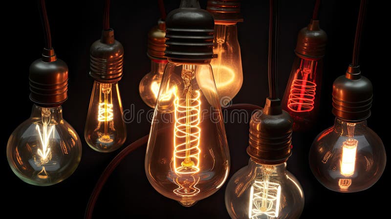 Set of Vintage Different Shapes Glowing with Yellow Light Bulbs on ...