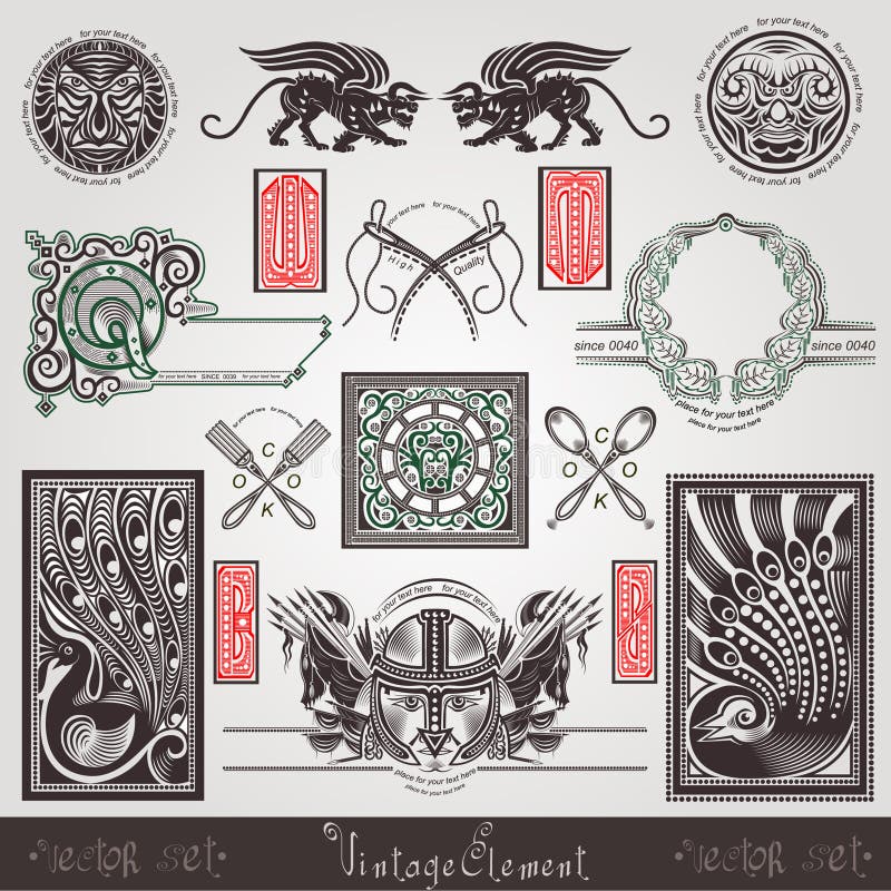 Set of Vintage Engraving Old Element Stock Vector - Illustration of ...