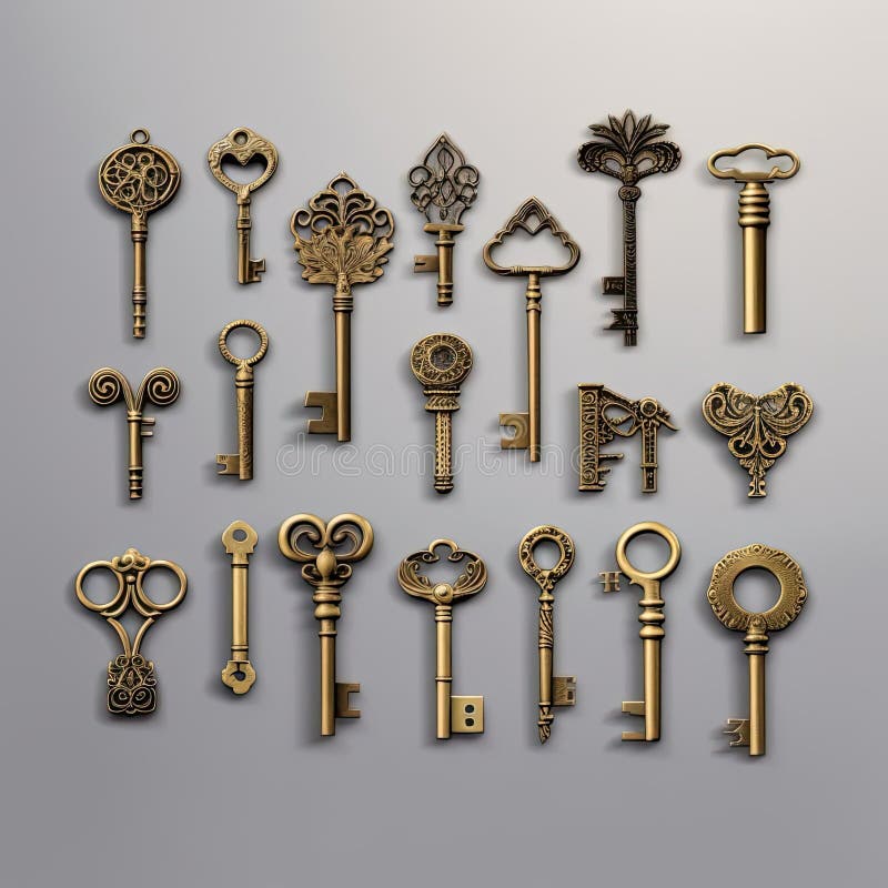 Set of Vintage Golden Keys Isolated on Grey Background Stock ...
