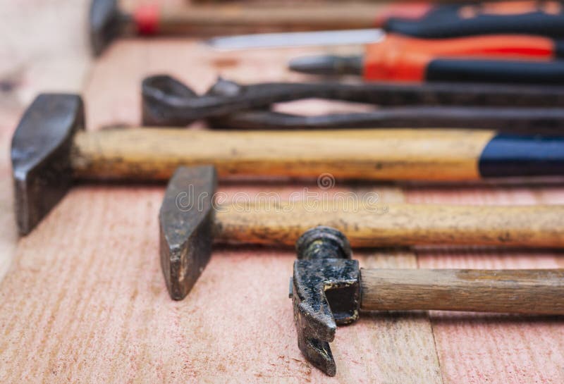 Set Of Vintage Hand Construction Tools On A Wooden Background With Copy ...