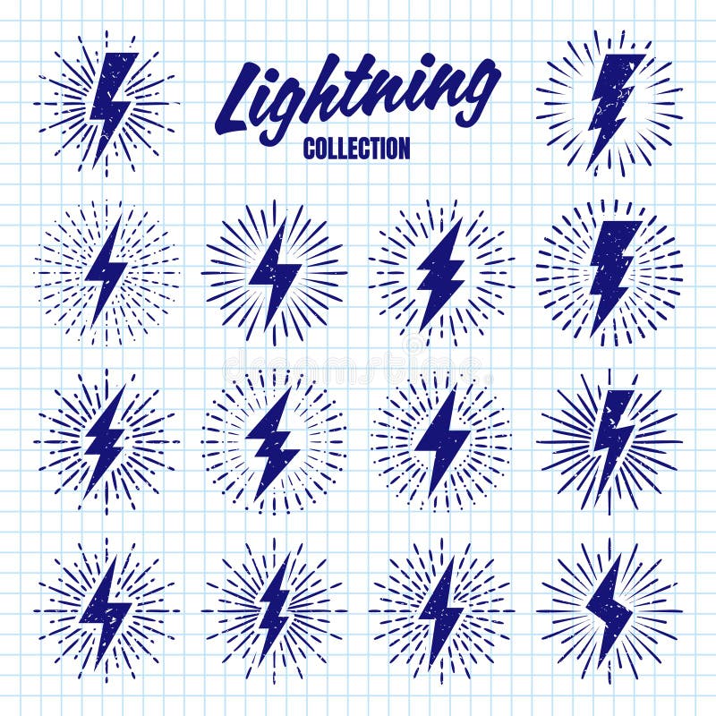 Set of Vintage Hand Drawn Lightning Bolts and Sun Rays on Checkered ...
