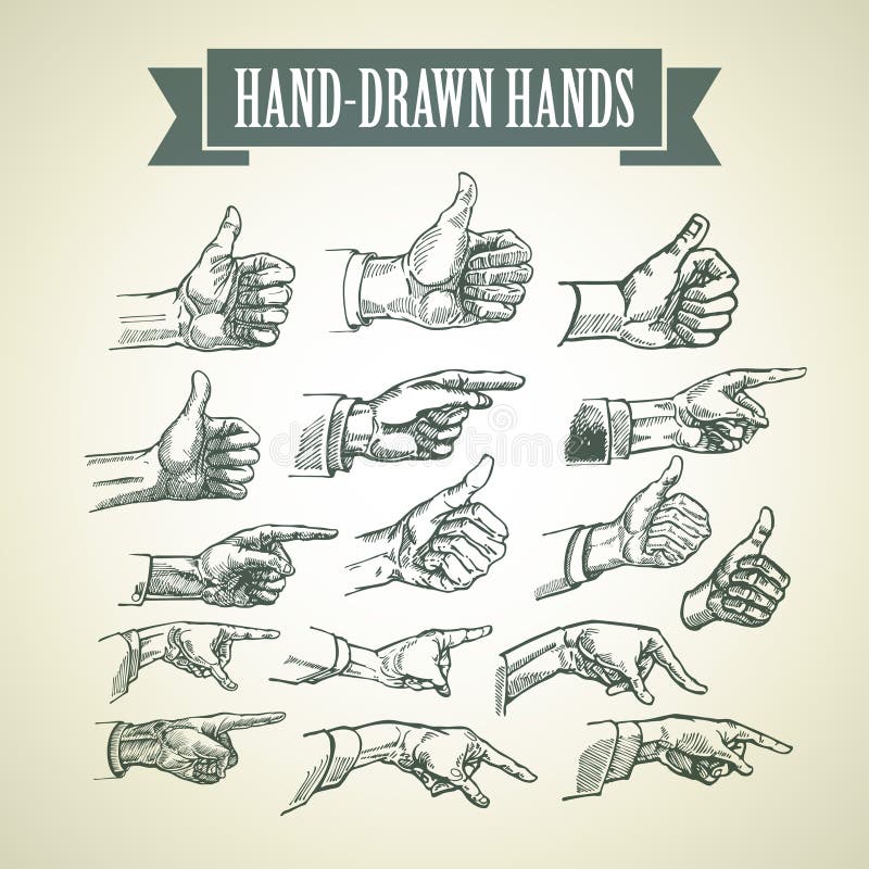 Set of Vintage Hand-painted Hands. Vector Stock Vector - Illustration ...