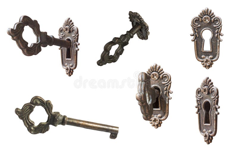 Set of Vintage Key and Key Hole in White Isolated Stock Photo - Image ...