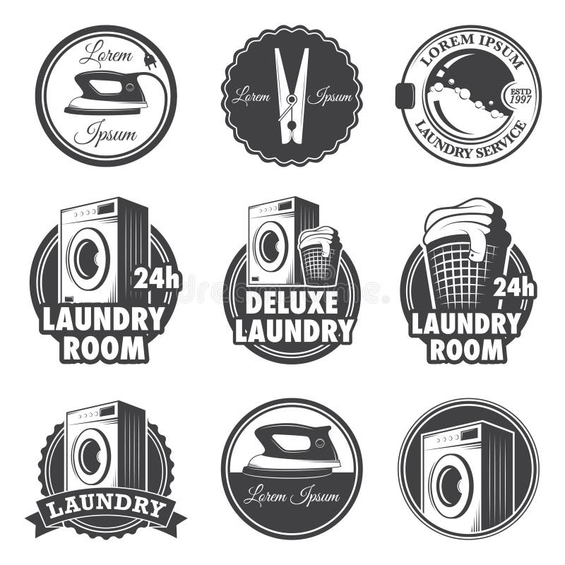 Set of Vintage Laundry, Cleaning or Iron Service Logos, Emblems, Badges ...
