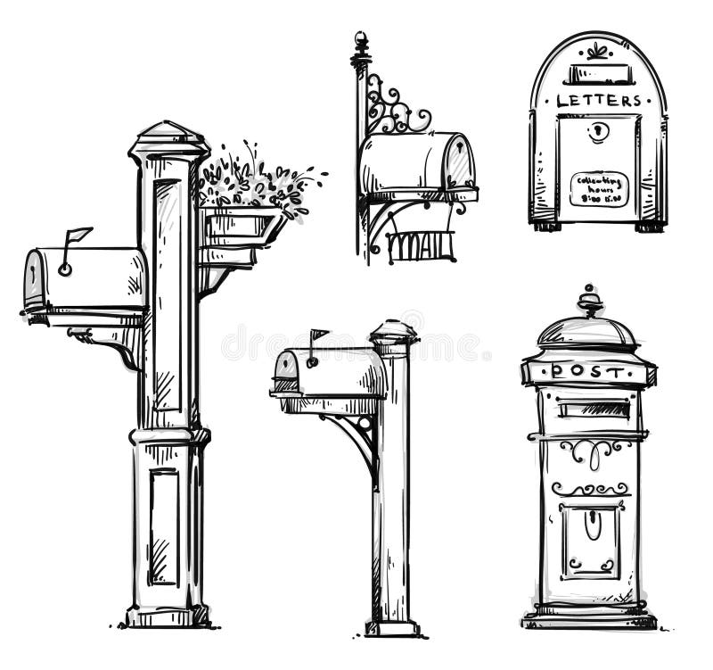 Set of Vintage Mailboxes, Post Mounted Mailbox Vector Sketch Stock ...