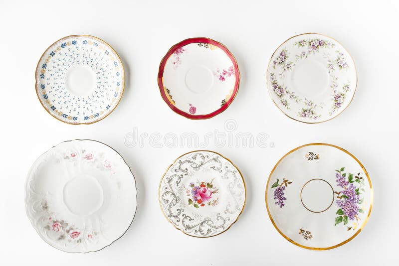 Set of Vintage Plates on the White Background Stock Image - Image of ...