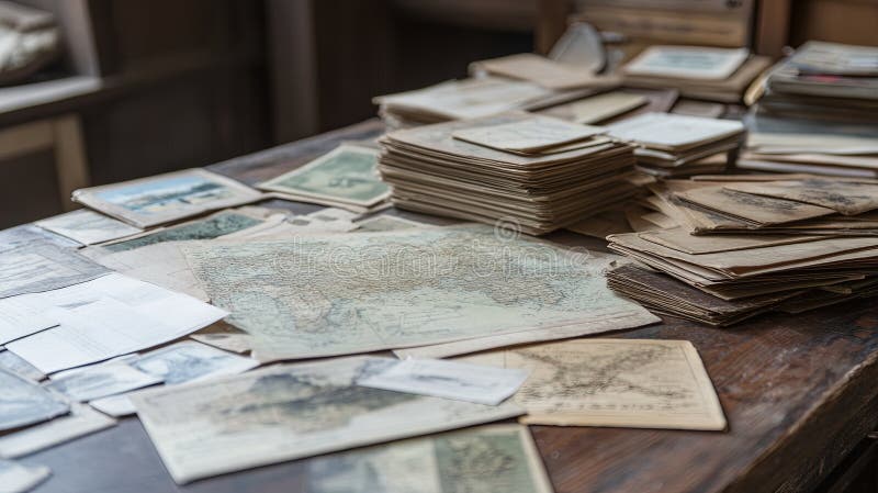 A Set of Vintage Postcards and an Old Map Spread Across a Desk Pic ...