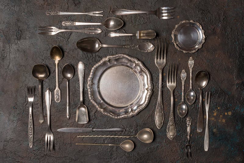 Set of Vintage Silver Cutlery or Tableware Stock Photo - Image of ...