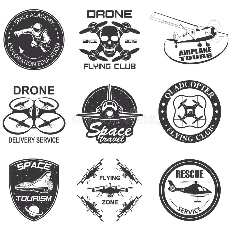 Set of Vintage Space, Drone , Aeronautics Flight Emblems, Labels ...