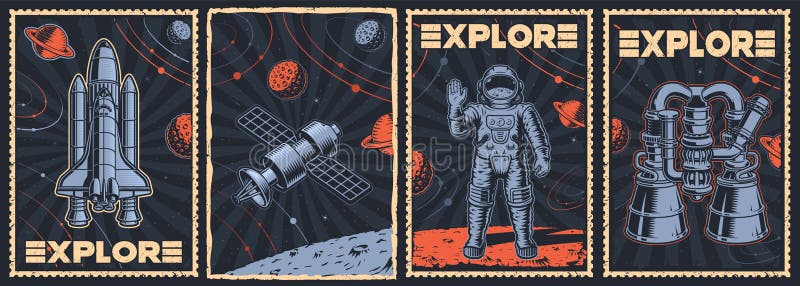 Set of Vintage Space Posters with Illustrations Such As Shuttle, Space ...
