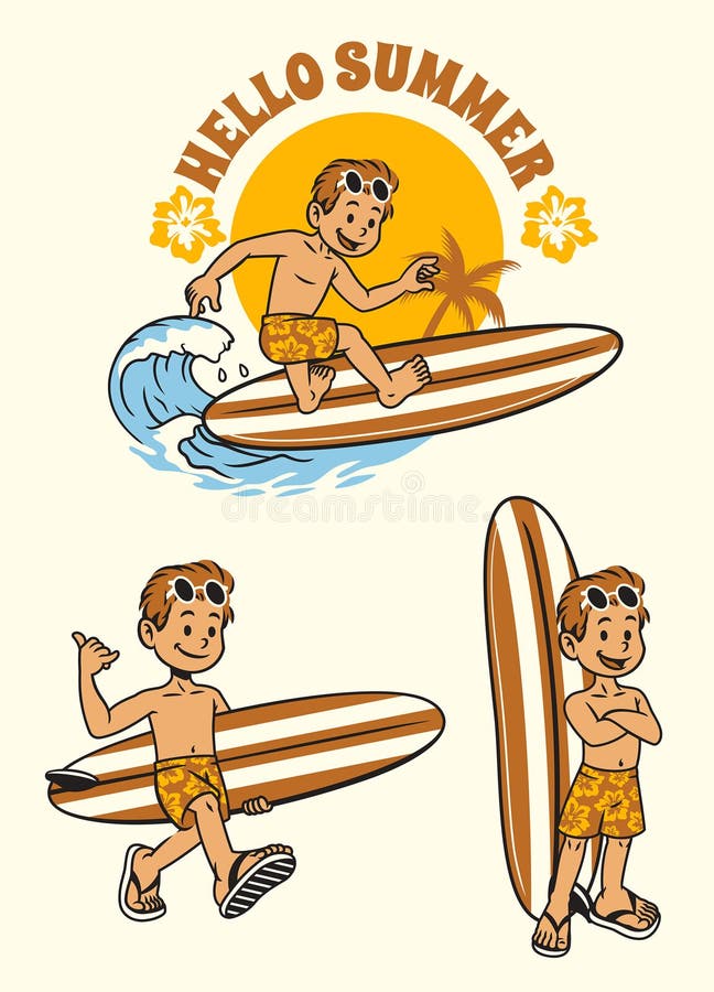 Set vintage surfer boy ilustração do vetor. Ilustração de anunciar ...