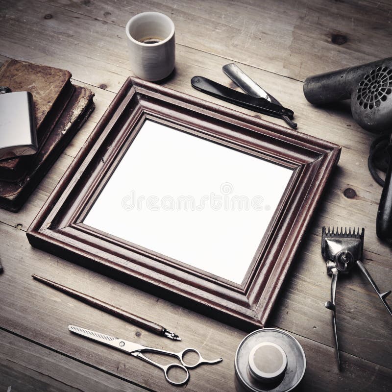 Set of Vintage Tools of Barber Shop with Empty Picture Frame Stock ...