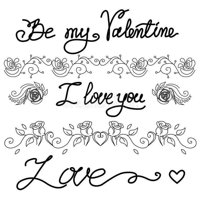 Set of Vintage Vignettes and Hand Drawn Romantic Words Stock Vector ...