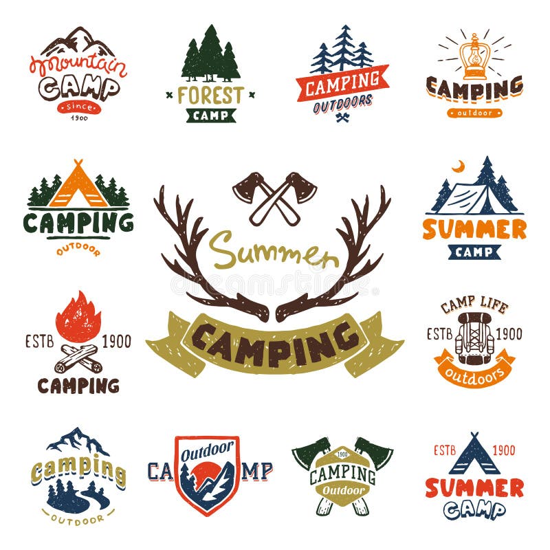 Set Of Vintage Woods Camp Badges And Travel Logo Hand Drawn Emblems