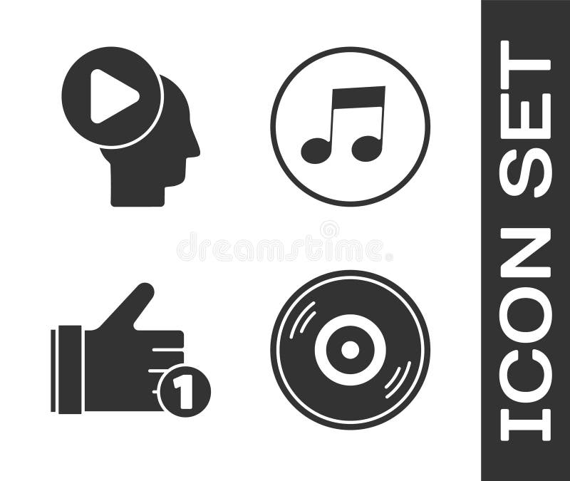 Set Vinyl Disk, Head People with Play Button, Hand Like and Music Note ...