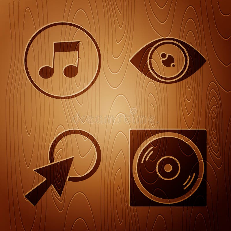 Set Vinyl Disk, Music Note, Tone, Arrow Cursor and Eye on Wooden ...
