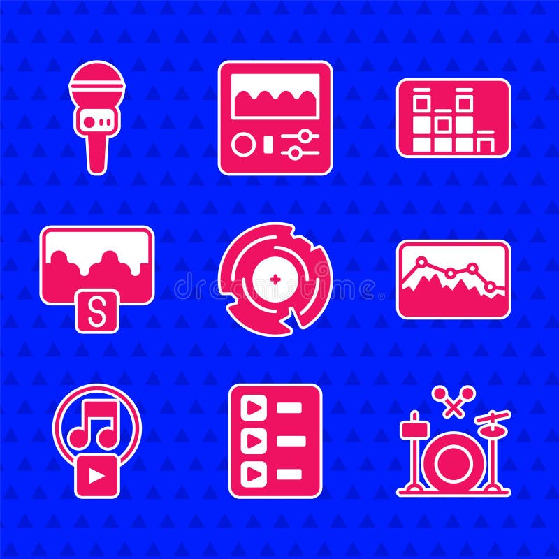 Set Vinyl Disk, Music Playlist, Drums, Wave Equalizer, Play Square, and ...