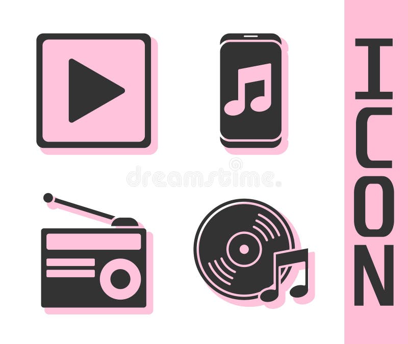 Set Vinyl Disk, Play in Square, Radio with Antenna and Music Player ...