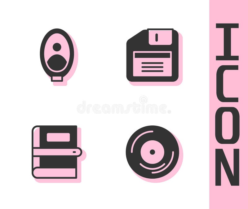 Set Vinyl Disk, Portrait Picture Museum, Book and Floppy Icon. Vector ...
