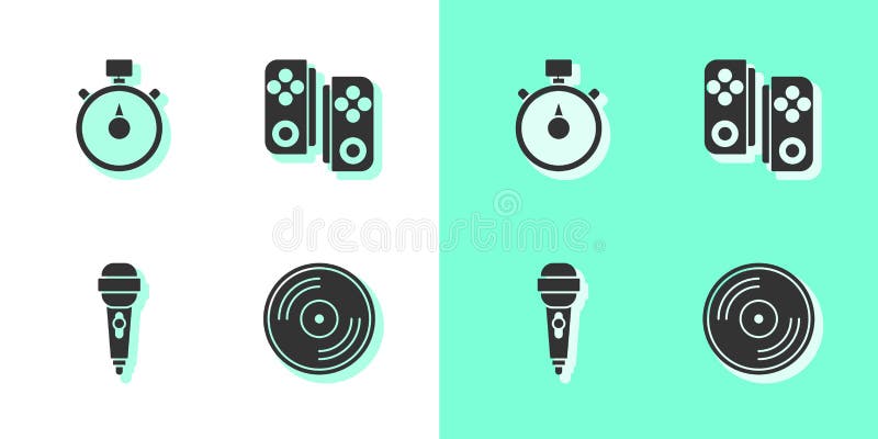 Set Vinyl Disk, Stopwatch, Microphone and Gamepad Icon. Vector Stock ...