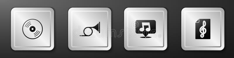 Set Vinyl Disk, Trumpet, Music Note, Tone and Treble Clef Icon. Silver ...