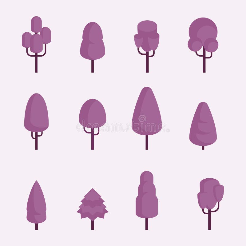 Set of Violet Flat Vector Trees. Flat Cartoon Style. Stock Vector ...