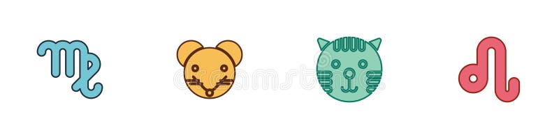 Set Virgo Zodiac, Rat, Tiger and Leo Icon. Vector Stock Vector ...