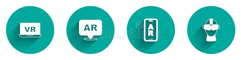 Set Virtual Reality, Augmented AR, and Glasses Icon with Long Shadow ...