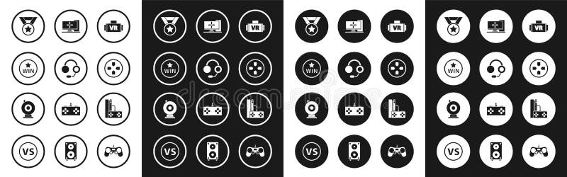 Set Virtual Reality Glasses, Headphones, Medal, Gamepad, Computer ... Set Virtual Reality Glasses, Headphones, Medal, Gamepad, Computer ...