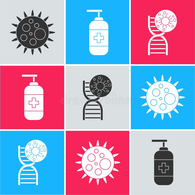 Set Virus, Bottle of Liquid Antibacterial Soap and DNA Symbol and Virus ...