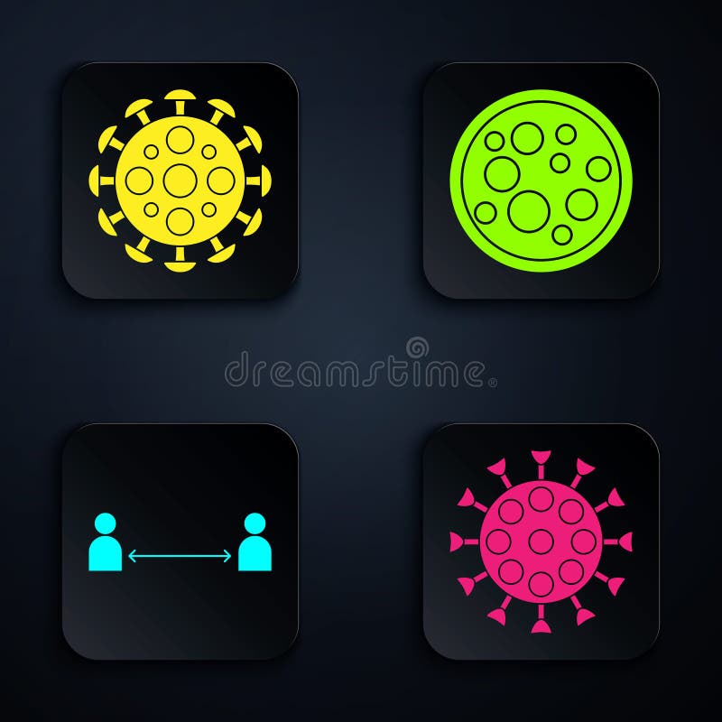 Set Virus, Virus, Safe Distance and Virus. Black Square Button Stock ...