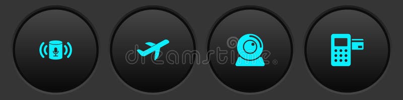 Set Voice Assistant, Plane, Web Camera and Pos Terminal Icon. Vector ...