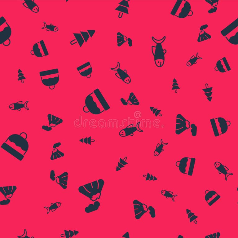 Set Volcano, Tree, Beanie Hat and Fish on Seamless Pattern. Vector ...