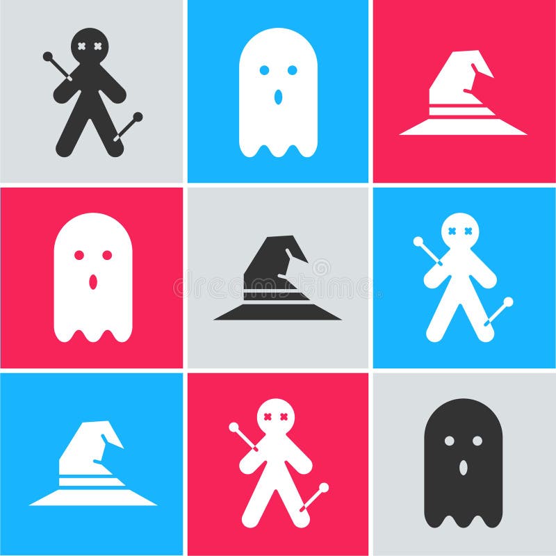 Set Voodoo Doll, Ghost and Witch Hat Icon. Vector Stock Vector ...