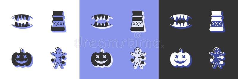 Set Voodoo Doll, Vampire Teeth, Pumpkin and Bottle with Potion Icon ...