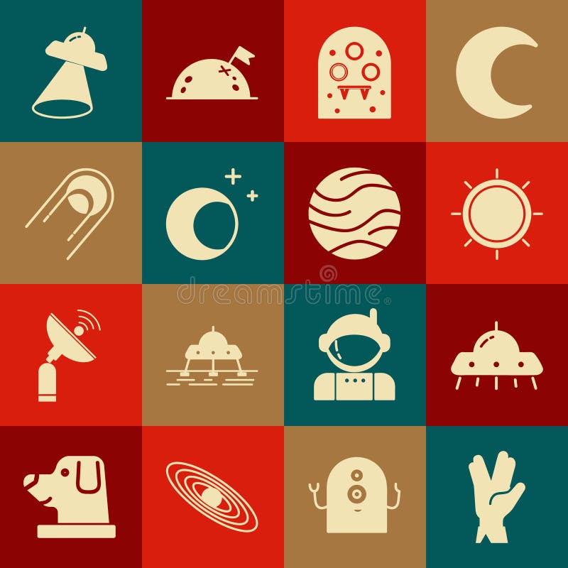 Set Vulcan Salute, UFO Flying Spaceship, Sun, Alien, Moon and Stars ... Set Vulcan Salute, UFO Flying Spaceship, Sun, Alien, Moon and Stars ...